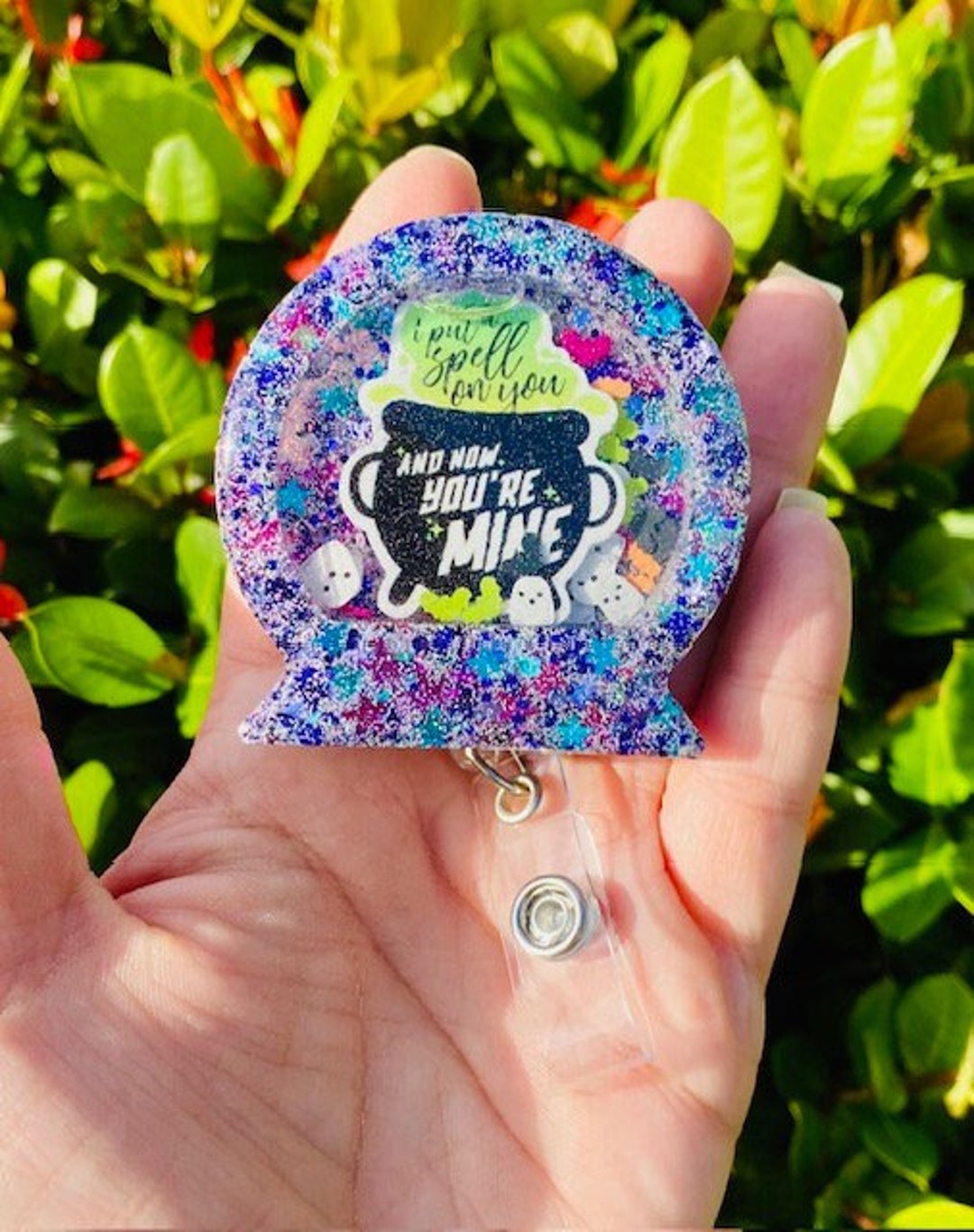 Crystal Ball Cauldron Shaker Badge Reel, Halloween Alligator Clip - Etsy