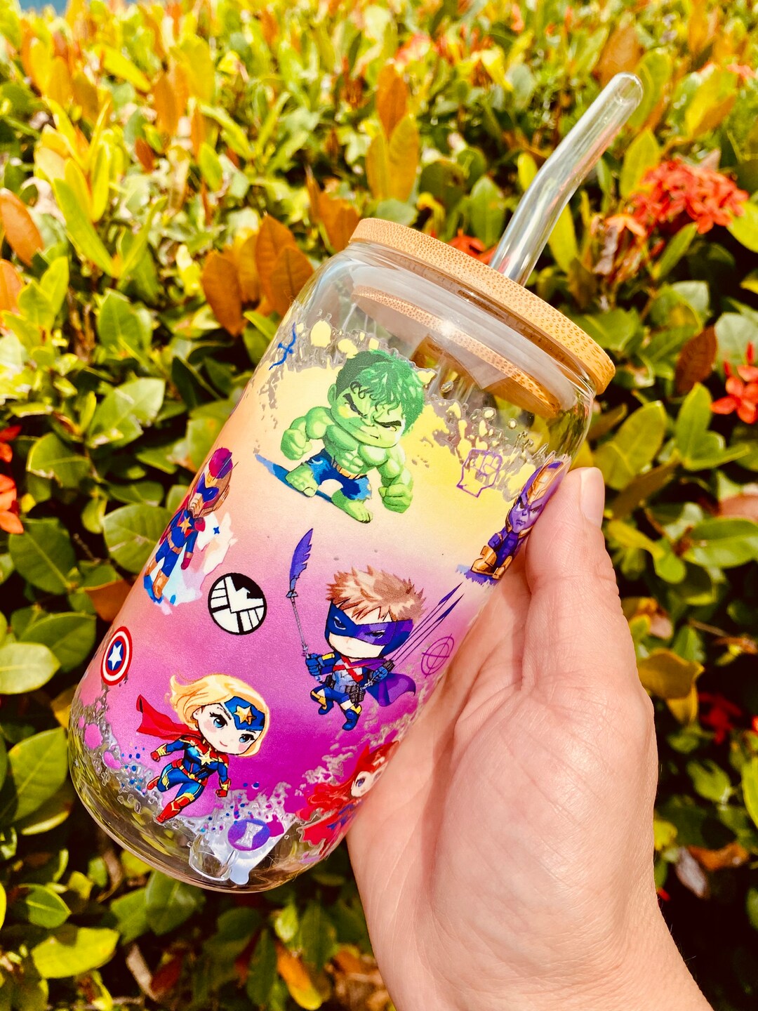 Superhero Glass Can Tumbler With Glass Straw, Superhero Glass Tumbler ...