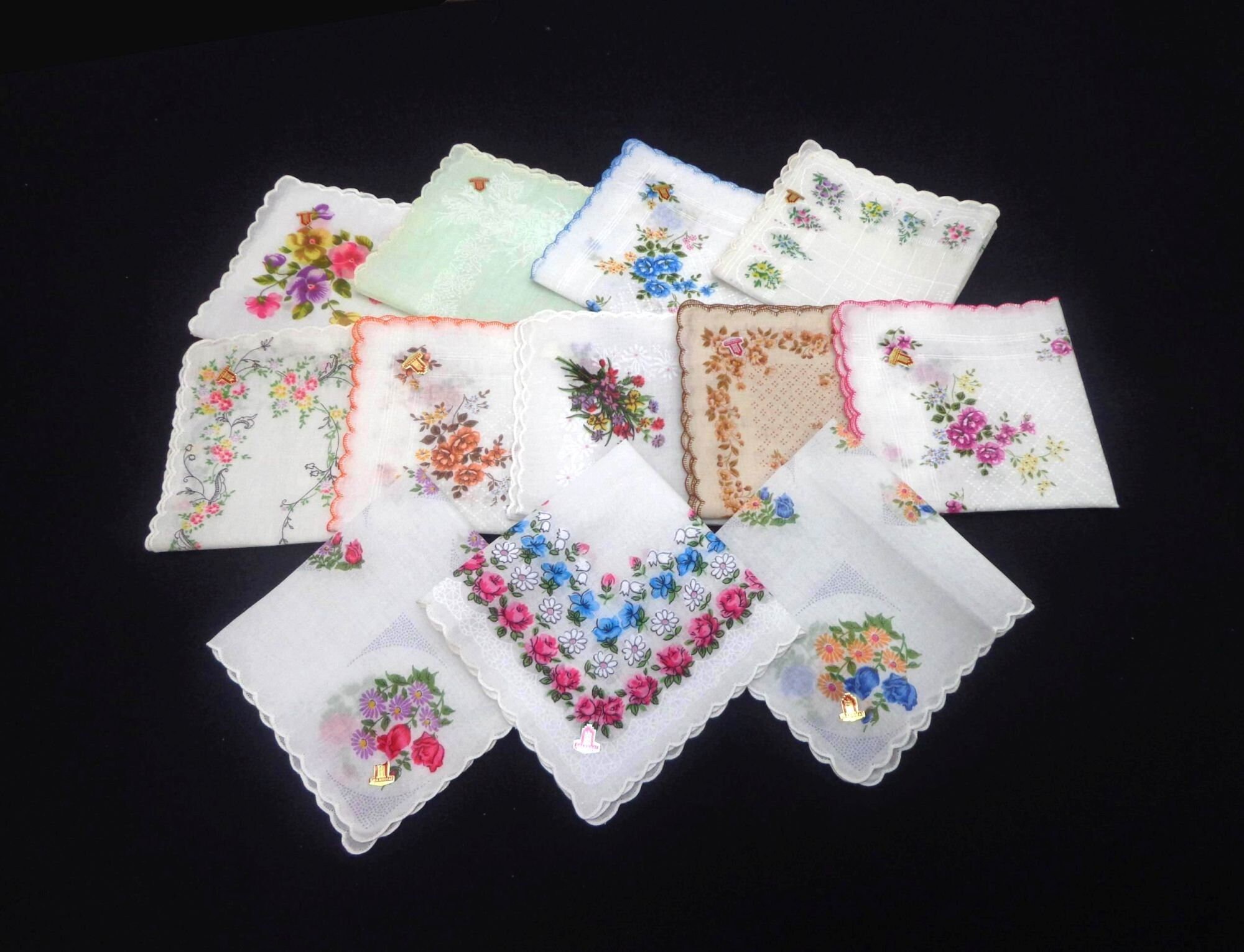 Set of 12 Ladies Cotton Handkerchiefs. Floral Handkerchiefs ...