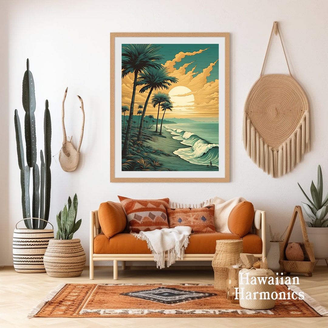 Hawaii Island Sunset Art Print, Beach Decor, Boho Wall Art, Modern ...