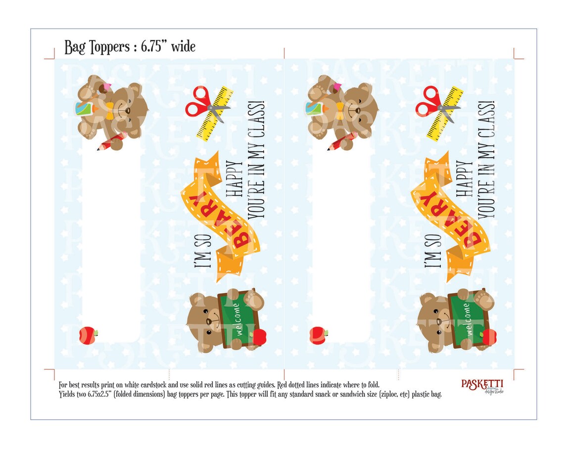 Printable Teddy Bear Bag Topper, INSTANT DOWNLOAD : so BEARY Happy ...