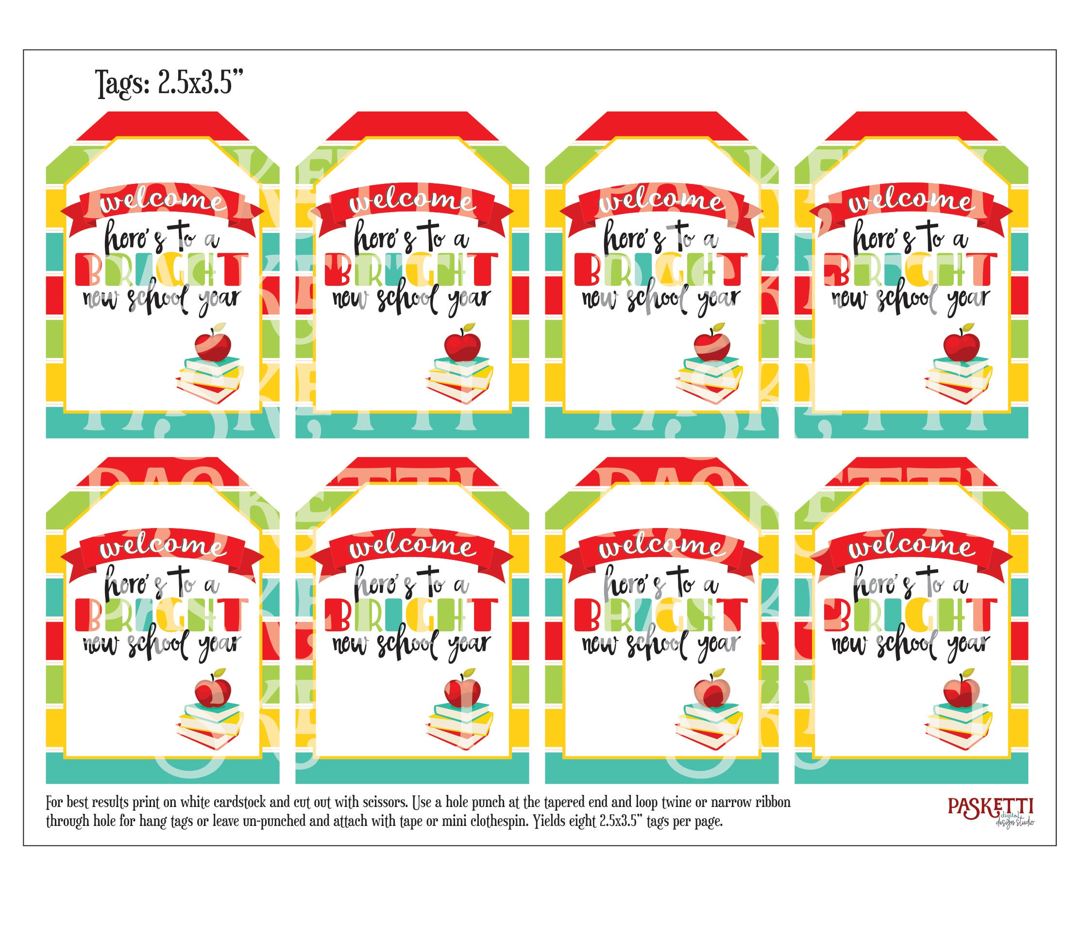 Printable Back to School Gift Tags, INSTANT DOWNLOAD : Bright New ...