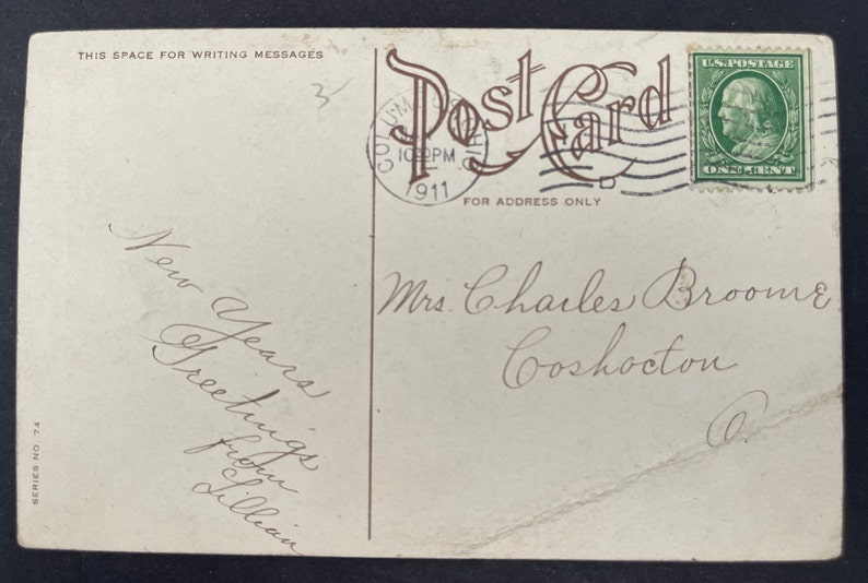 Old Vintage New Year's Greeting Postcard, 1911, 1c Stamp, Winter Scene ...