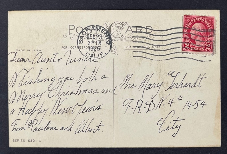 Old Vintage Christmas Greeting Postcard, 1925, Two Cent Stamp, Winter ...