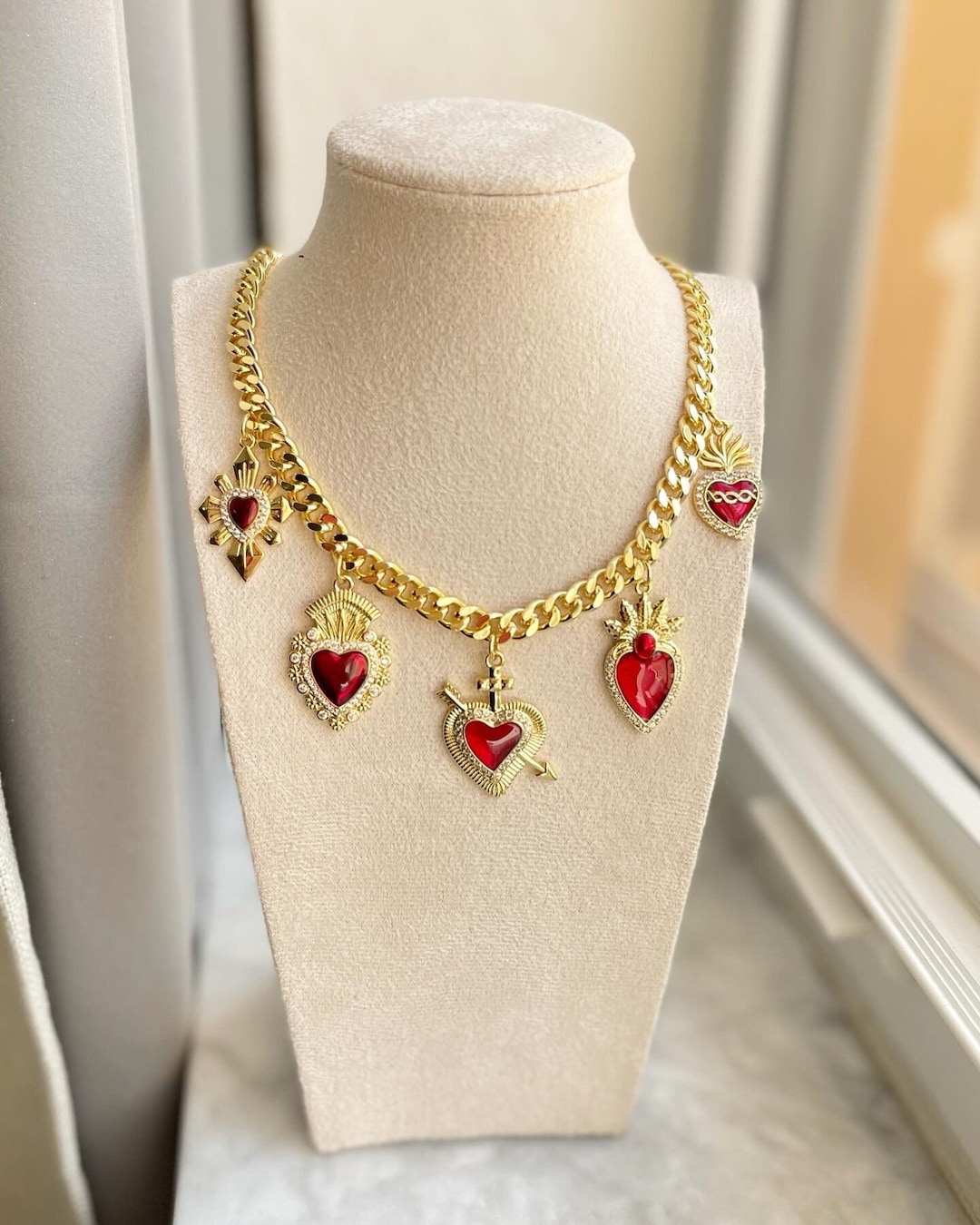 Sacred Heart Link Chain Necklace-statement Handmade Hanging Charm ...