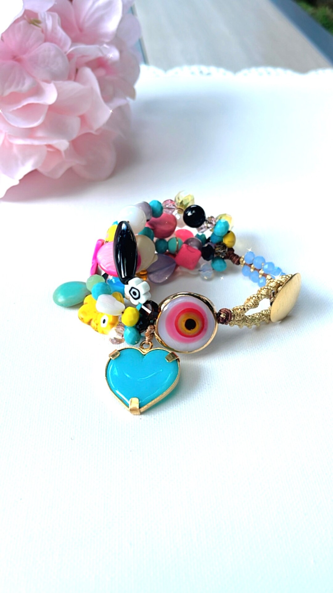 Stack Amulet Bracelet-semiprecious Beads Stone -natural -fun Bracelet -smile Face Beaded ...