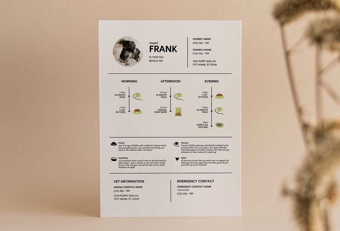 Pet Instruction Sheet for Sitter and Walker Canva Template Simple Dog ...