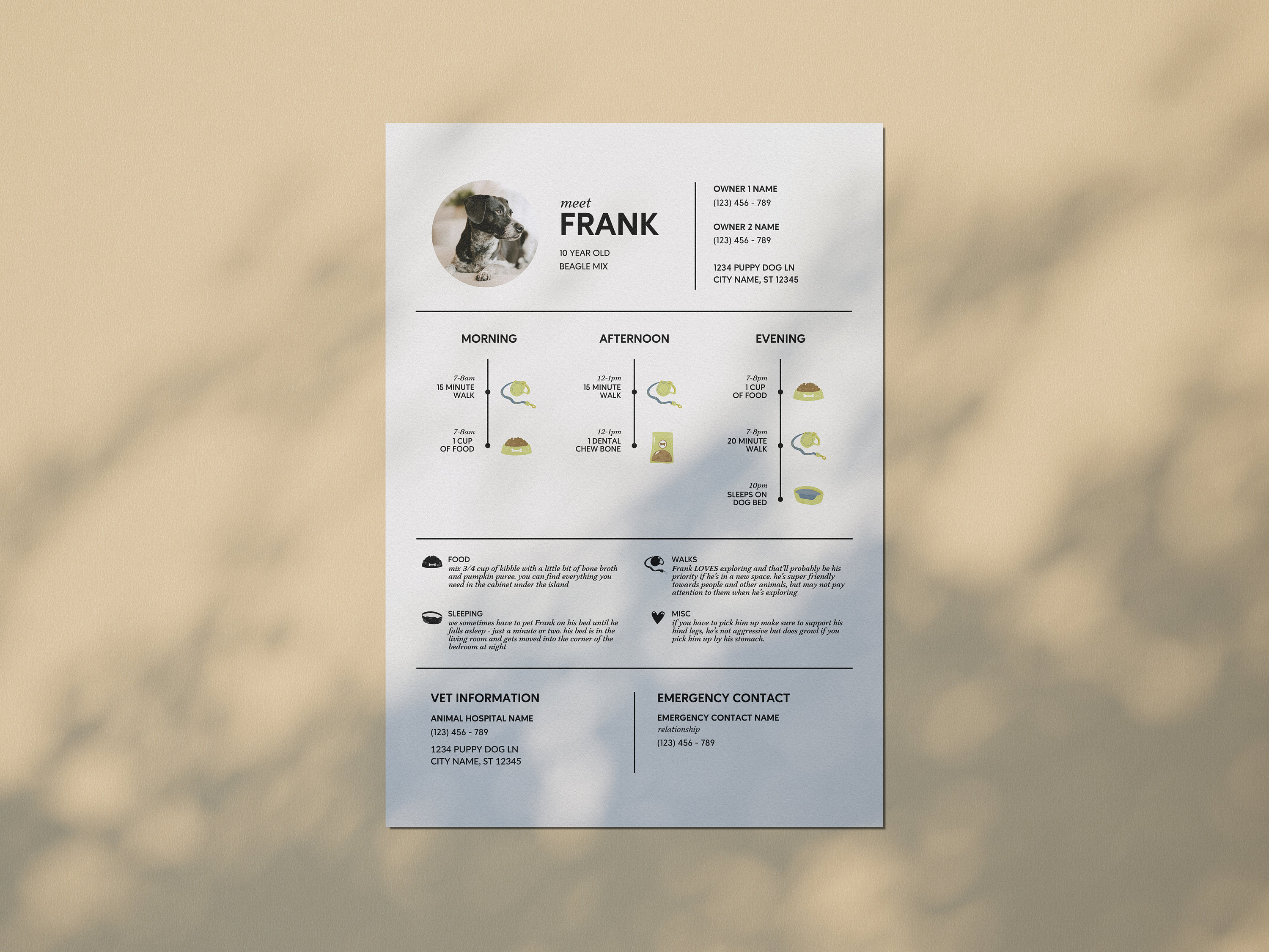 Pet Instruction Sheet for Sitter and Walker Canva Template | Simple Dog ...
