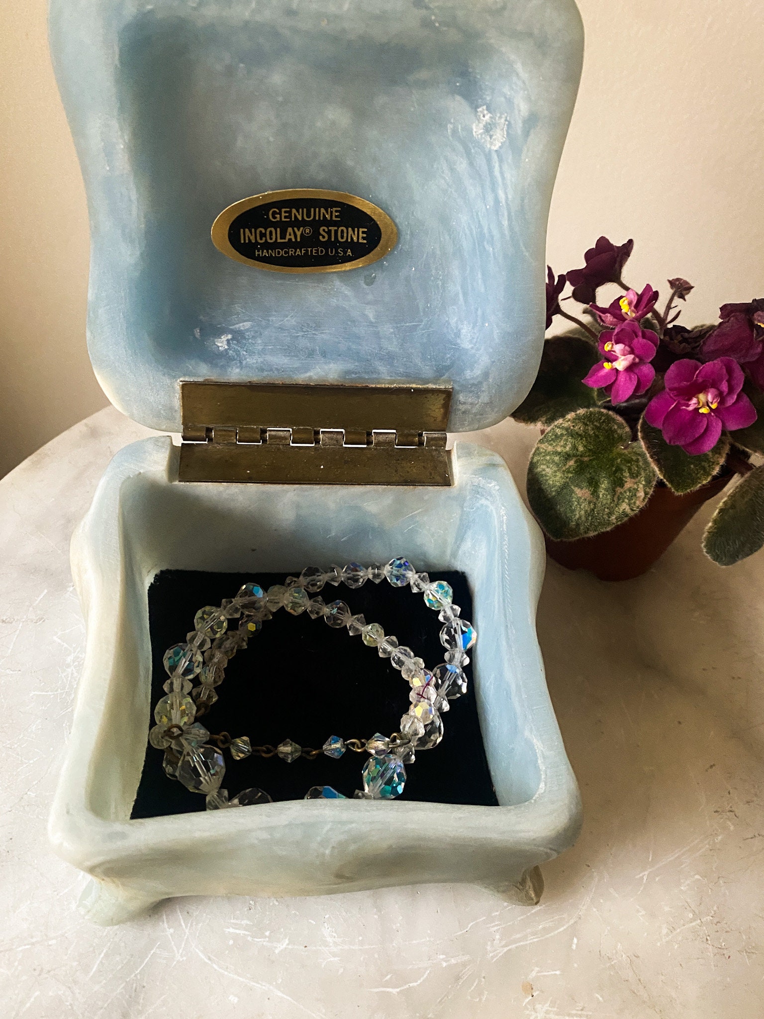 Vintage Incolay Blue Stone Stash Box With Raised Floral Design, French ...