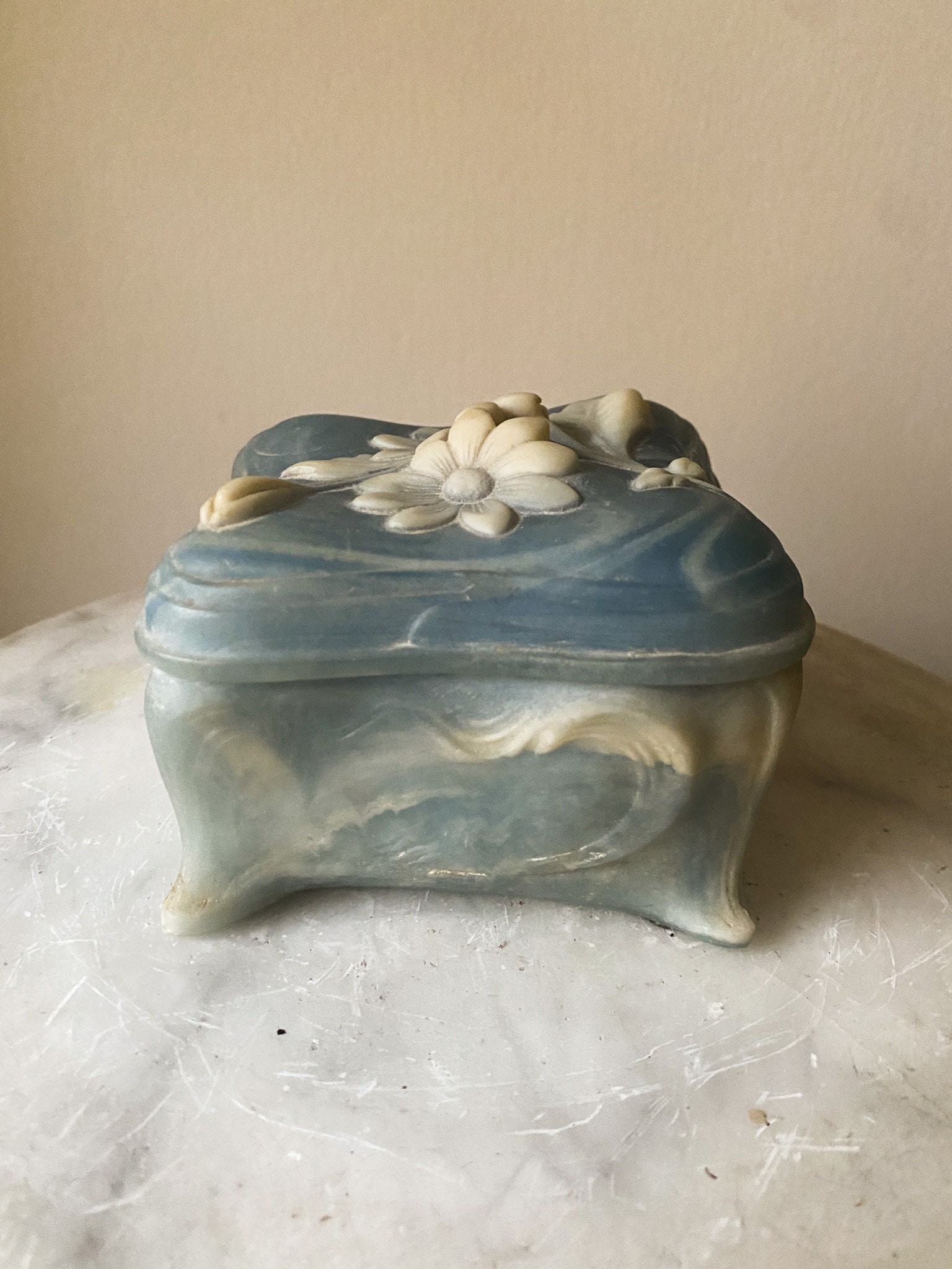 Vintage Incolay Blue Stone Stash Box With Raised Floral Design, French ...