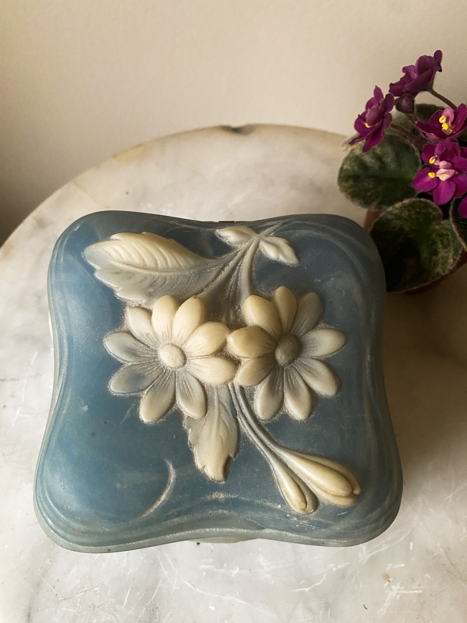 Vintage Incolay Blue Stone Stash Box With Raised Floral Design, French ...