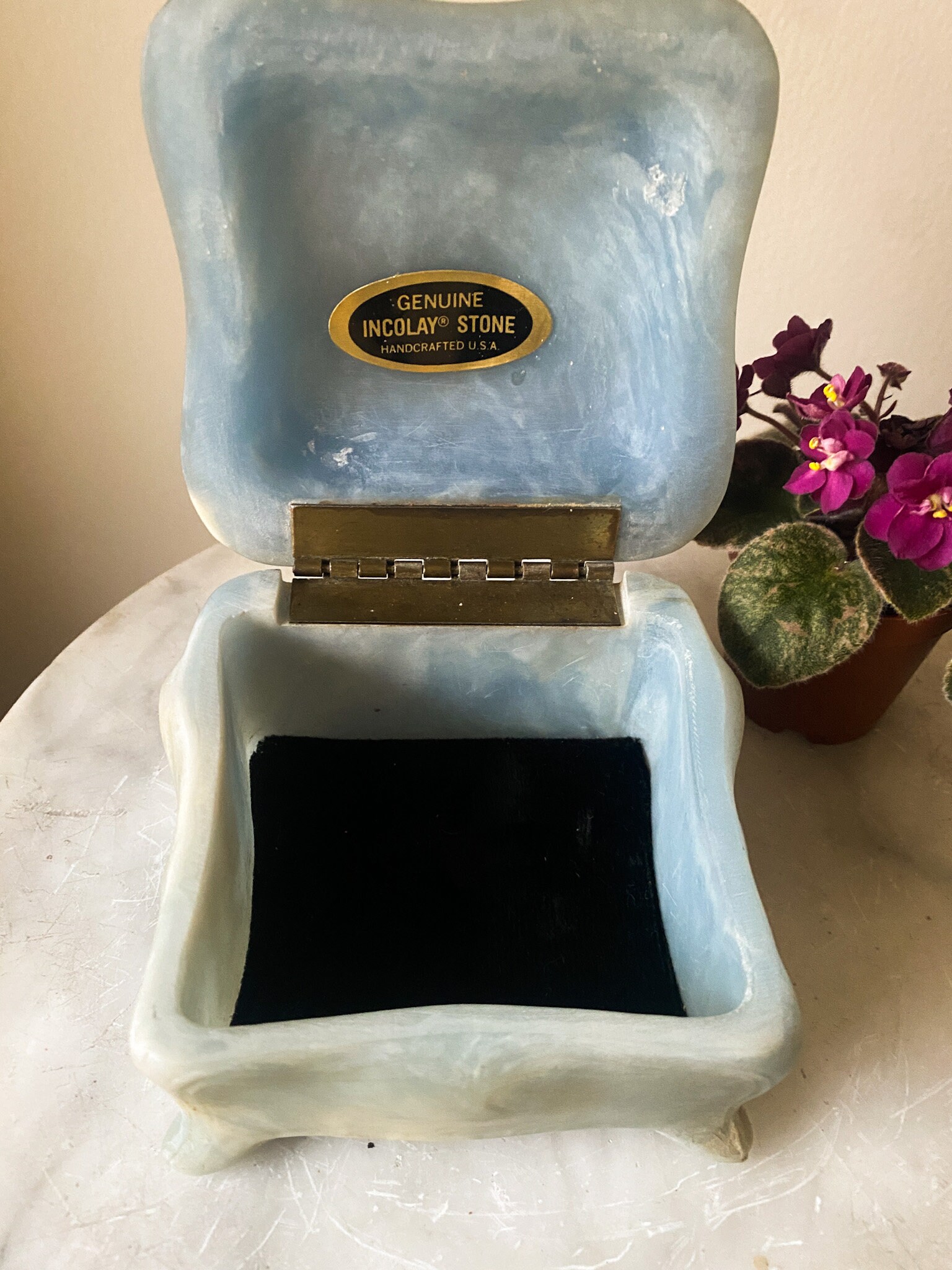 Vintage Incolay Blue Stone Stash Box With Raised Floral Design, French ...