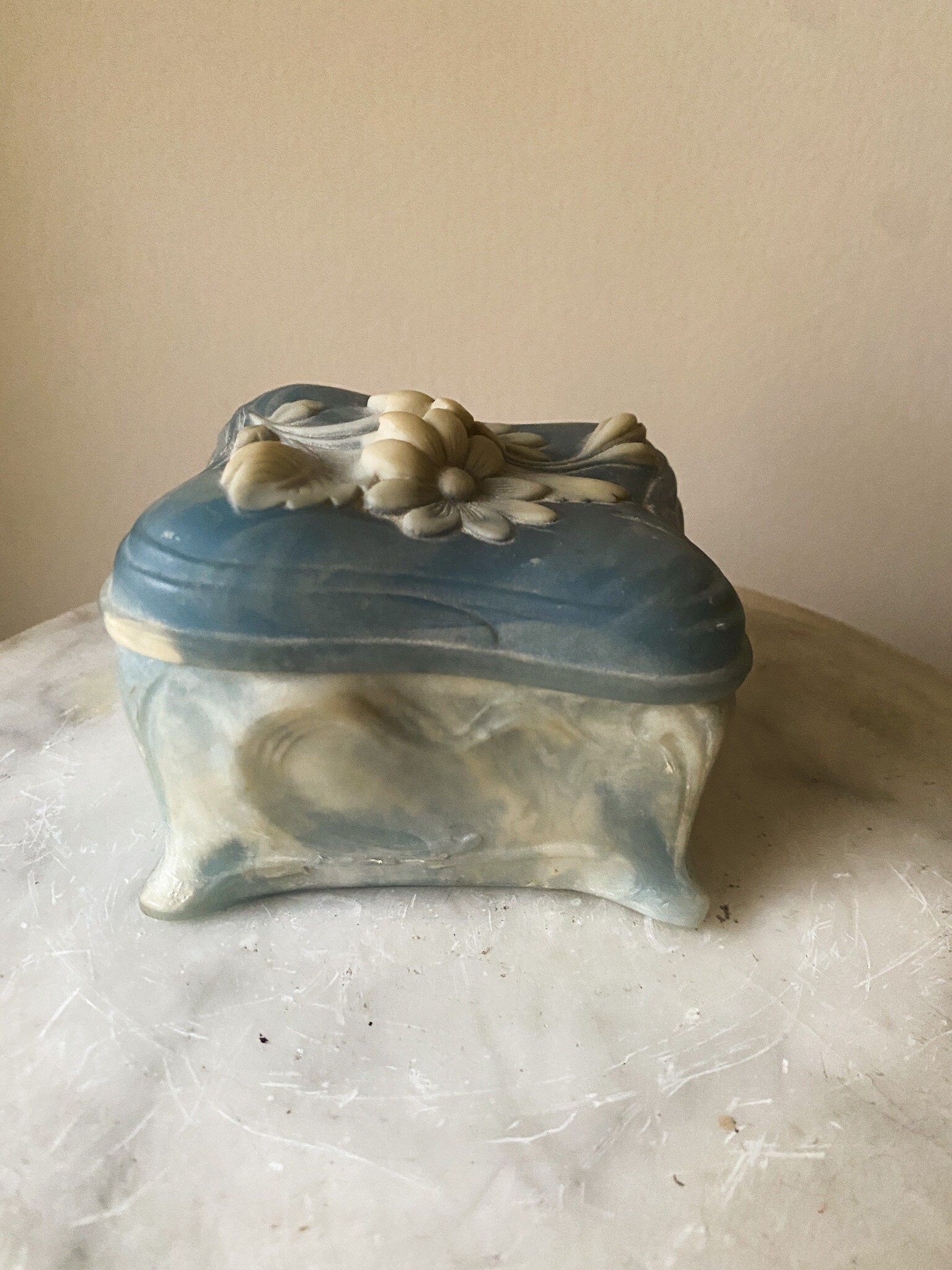 Vintage Incolay Blue Stone Stash Box With Raised Floral Design, French ...
