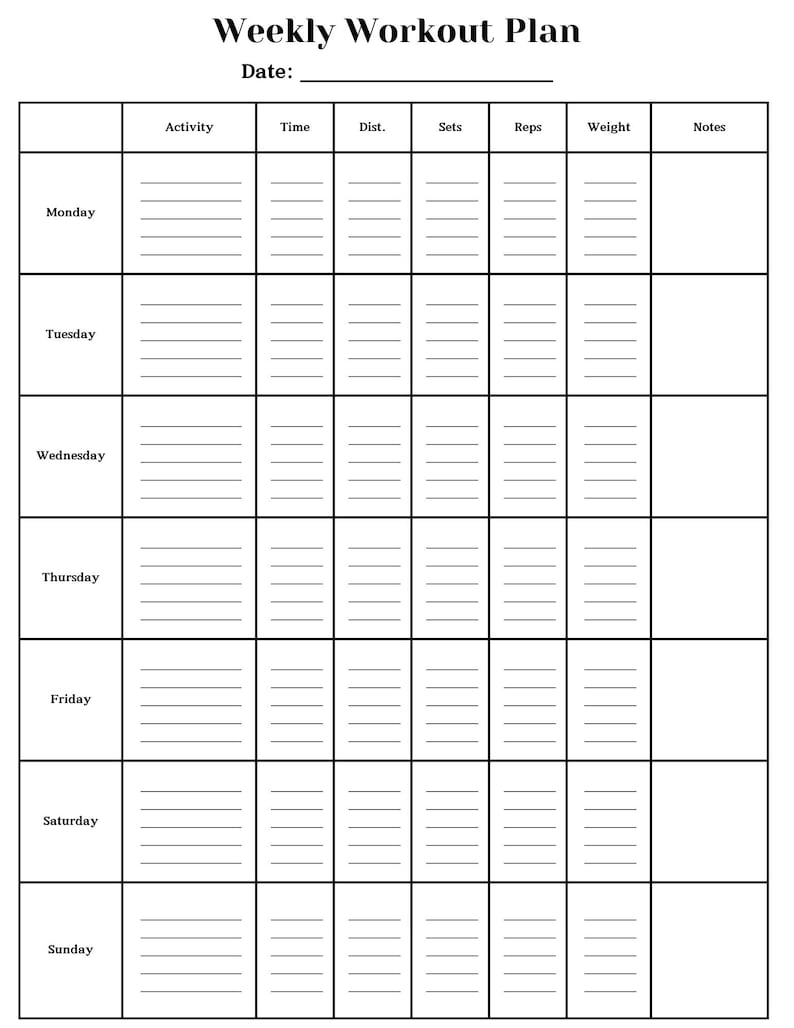 Weekly Workout Planner, Printable PDF, Health and Wellness, Letter Size ...