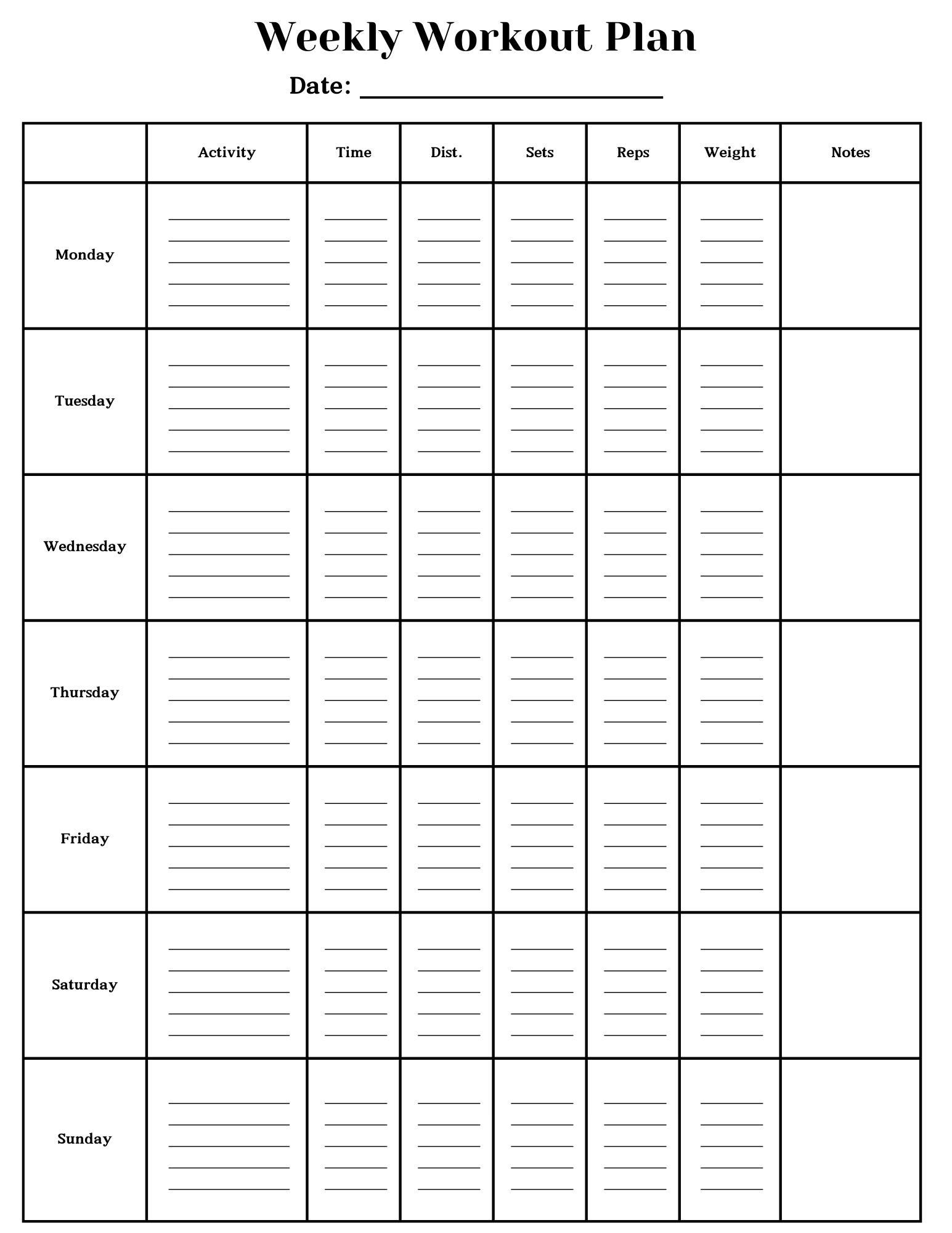 Weekly Workout Planner, Printable PDF, Health and Wellness, Letter Size ...