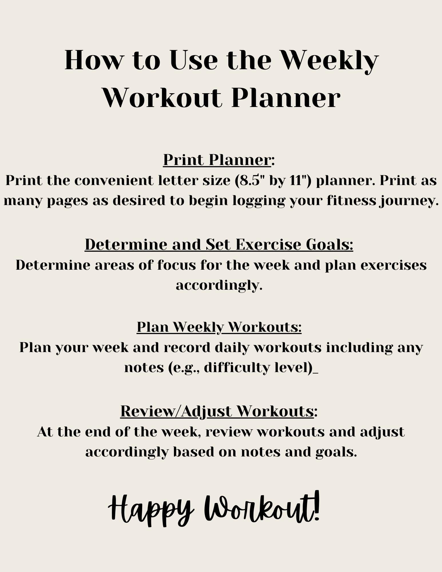 Weekly Workout Planner, Printable PDF, Health and Wellness, Letter Size ...