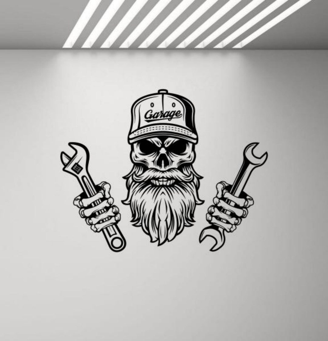 Mechanic Skull Wall Decal Vinyl Sticker Garage Wall Art Wrench Hand ...