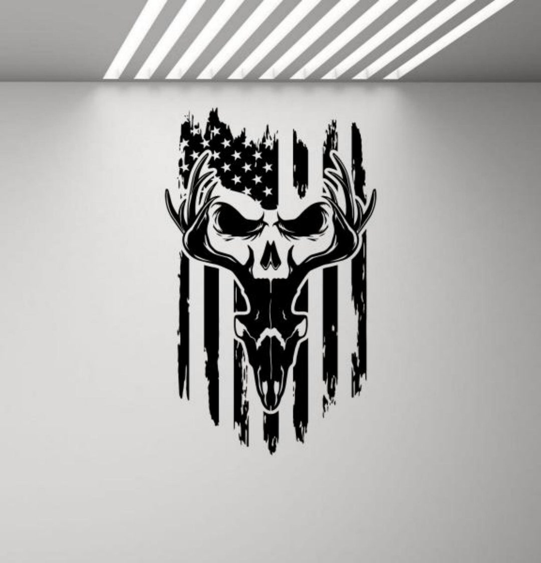 Deer Skull Flag Wall Decal Vinyl Sticker American Flag Deer Wall Art ...