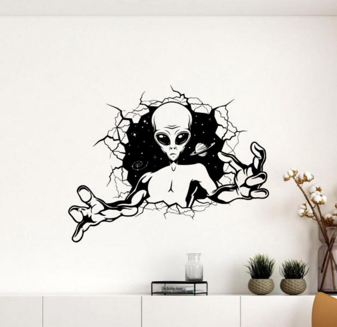Alien Wall Decal Vinyl Sticker UFO Wall Art Space Gift Kids Room Planet ...