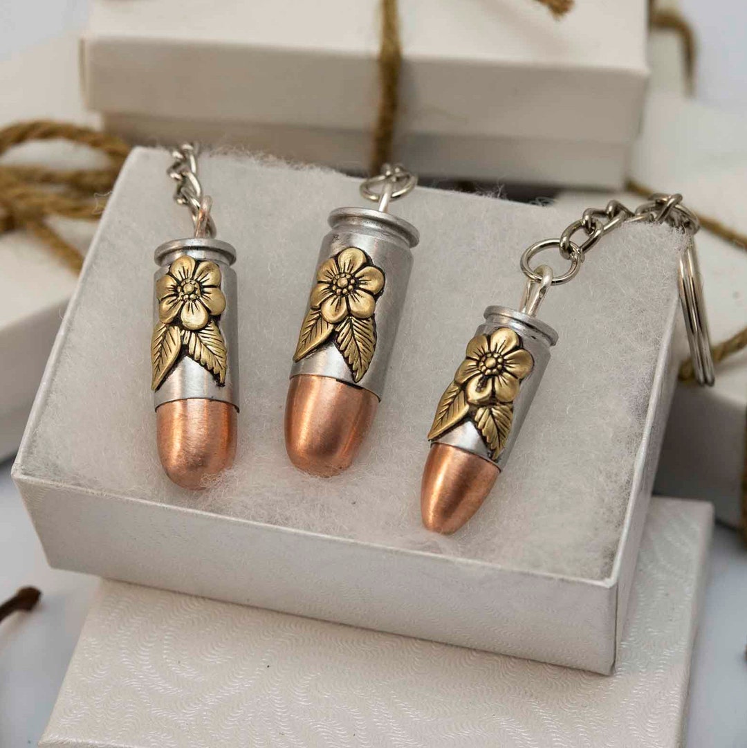 Floral Silver Bullet Keychain, Sturdy Handmade Recycled Metal, Gun ...