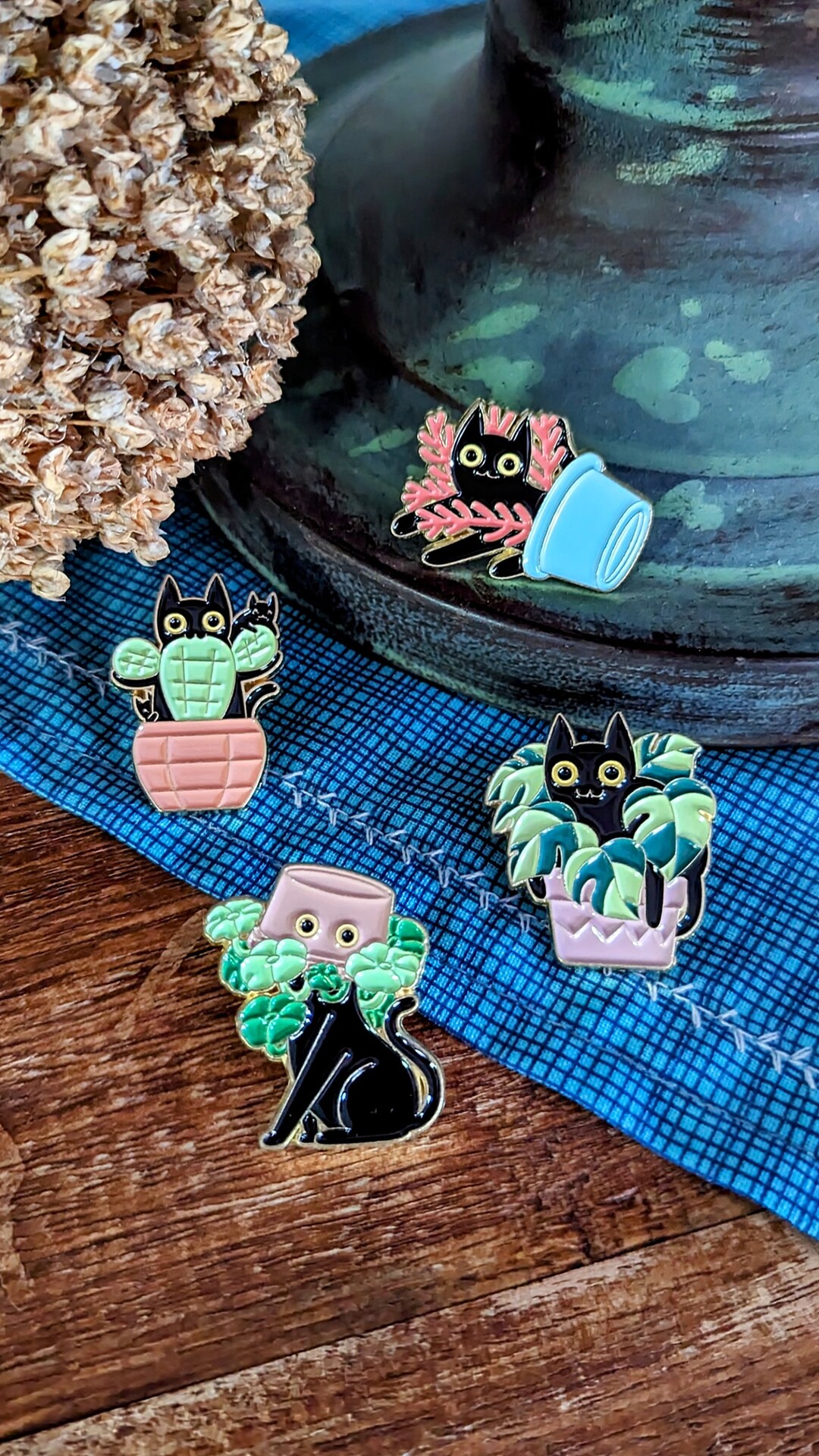 2 Cat & Plant Enamel Pins Pre-wrapped Gift Set, Cute Feline Houseplant ...