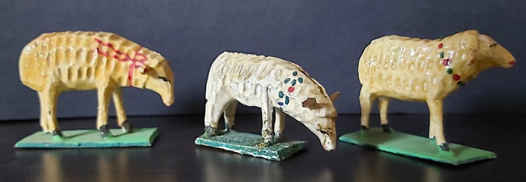3 Antique Wooden Sheeps Putz Animal Christmas Ornament Collectible ...