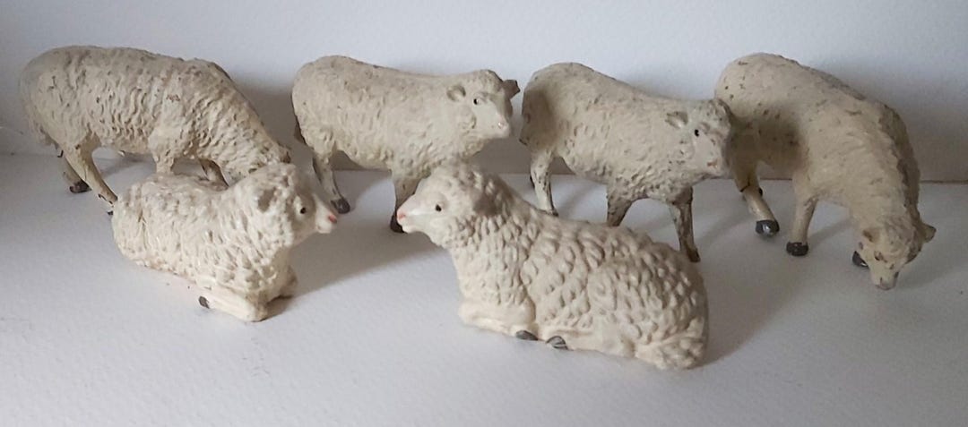 6 Antique Elastolin Composite Sheeps Christmas Putz Erzgebirge Nativity ...