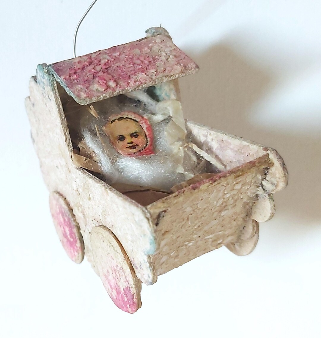 Antique Gablonzer Mica Cardboard Stroller Christmas Handmade Ornament ...