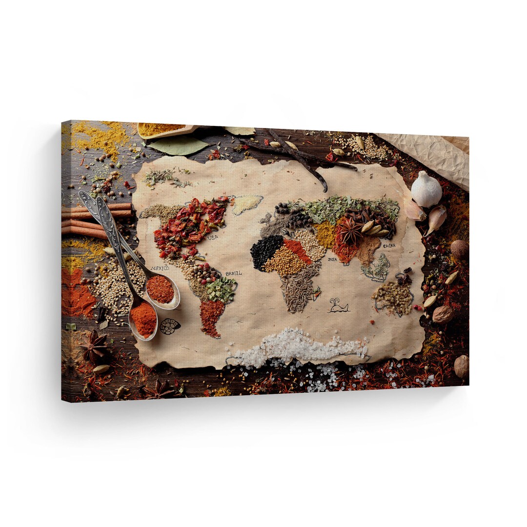 World Map With Various Spices and Herbs Kitchen Canvas Wall Art Print ...
