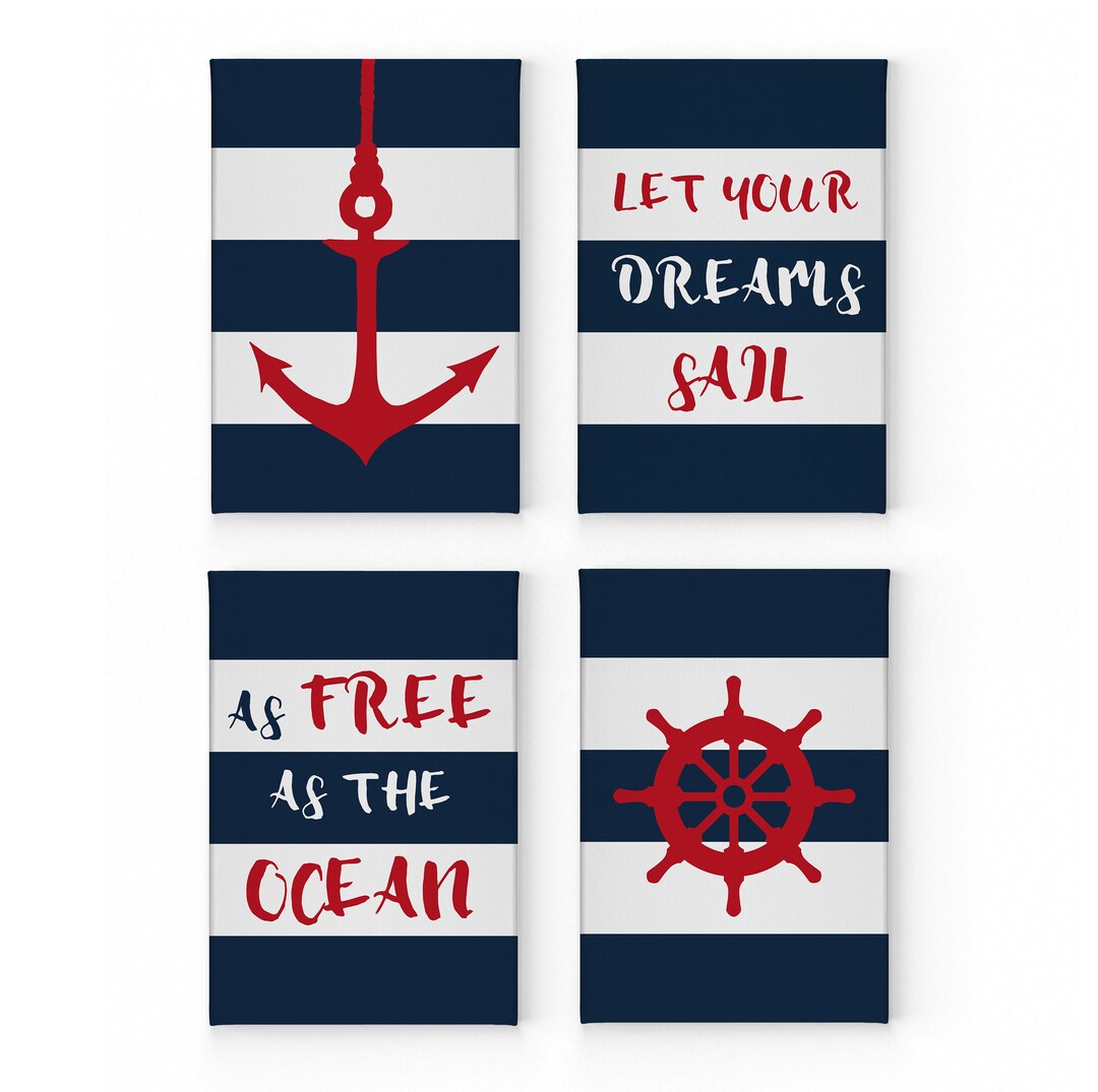 Anchor Ship Wheel and Quotes Navy Blue and White Striped Nautical Decor ...