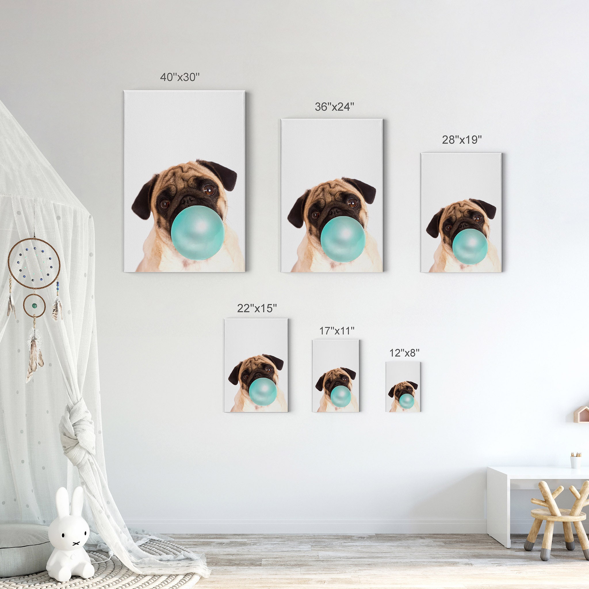 Cute Puppy Pug Dog Animal Bubble Gum Art Teal Blue Canvas Wall | Etsy