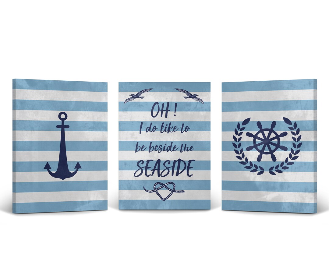 Anchor Ship Wheel Motivational Quote Blue White Nautical Decor 3 Pieces ...