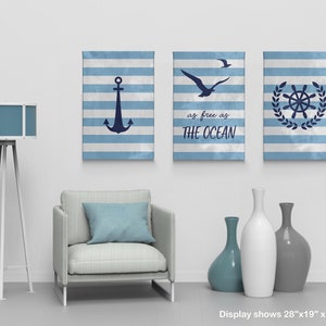 Anchor Ship Wheel Quote Navy Blue Blue White Nautical Decor 3 Pieces ...
