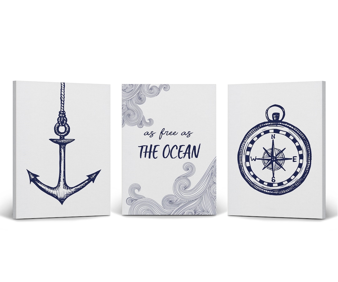 Anchor Compass and Quote Navy Blue White Nautical Decor 3 Pieces Canvas ...