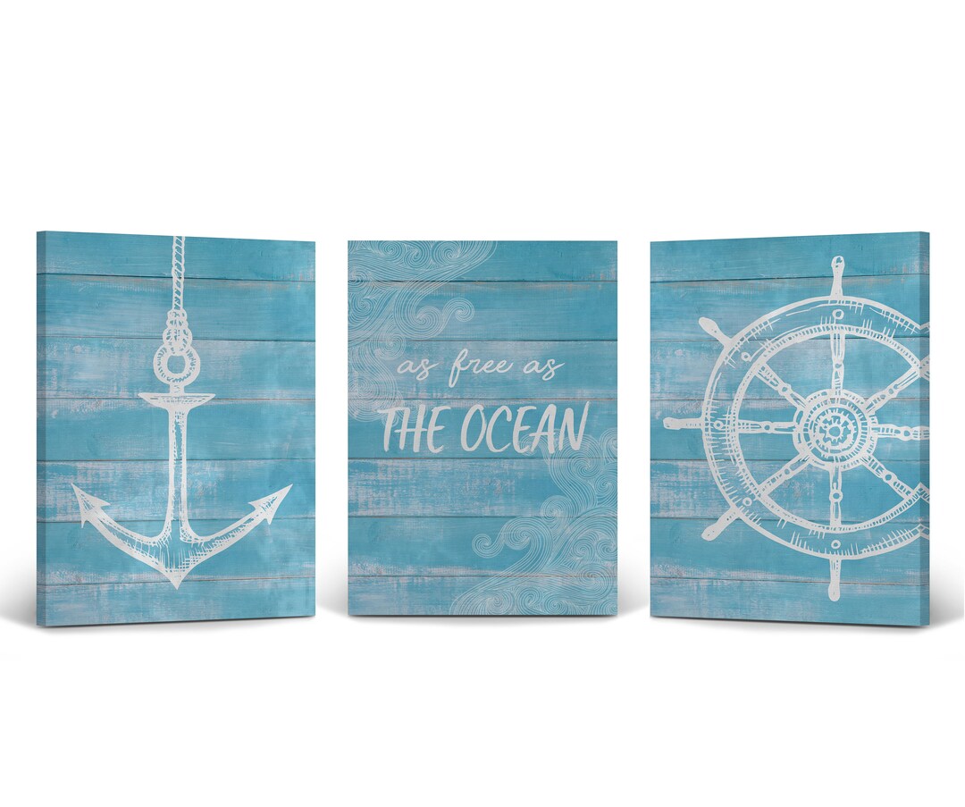 Anchor Ship Wheel and Ocean Quote Blue Wooden Nautical Decor 3 Pieces ...