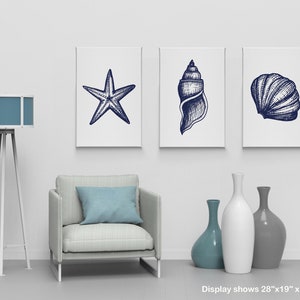 Starfish and Seashells Navy Blue White Nautical Decor 3 Pieces Canvas ...