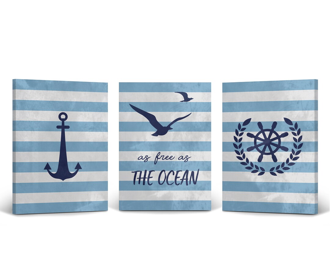 Anchor Ship Wheel Quote Navy Blue Blue White Nautical Decor 3 Pieces ...