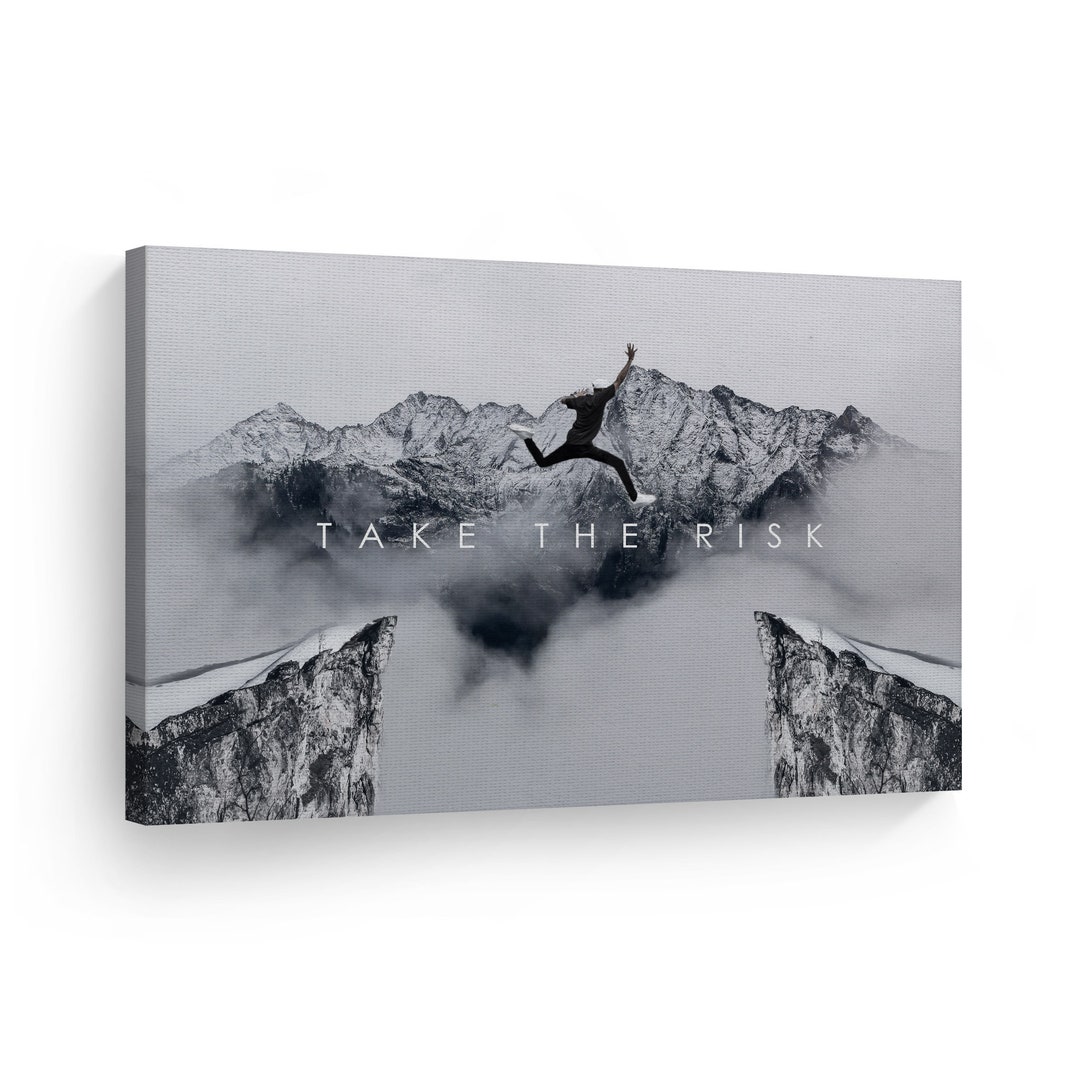 Take the Risk Quote Mountain Jumping Man Motivational Canvas Wall Art ...