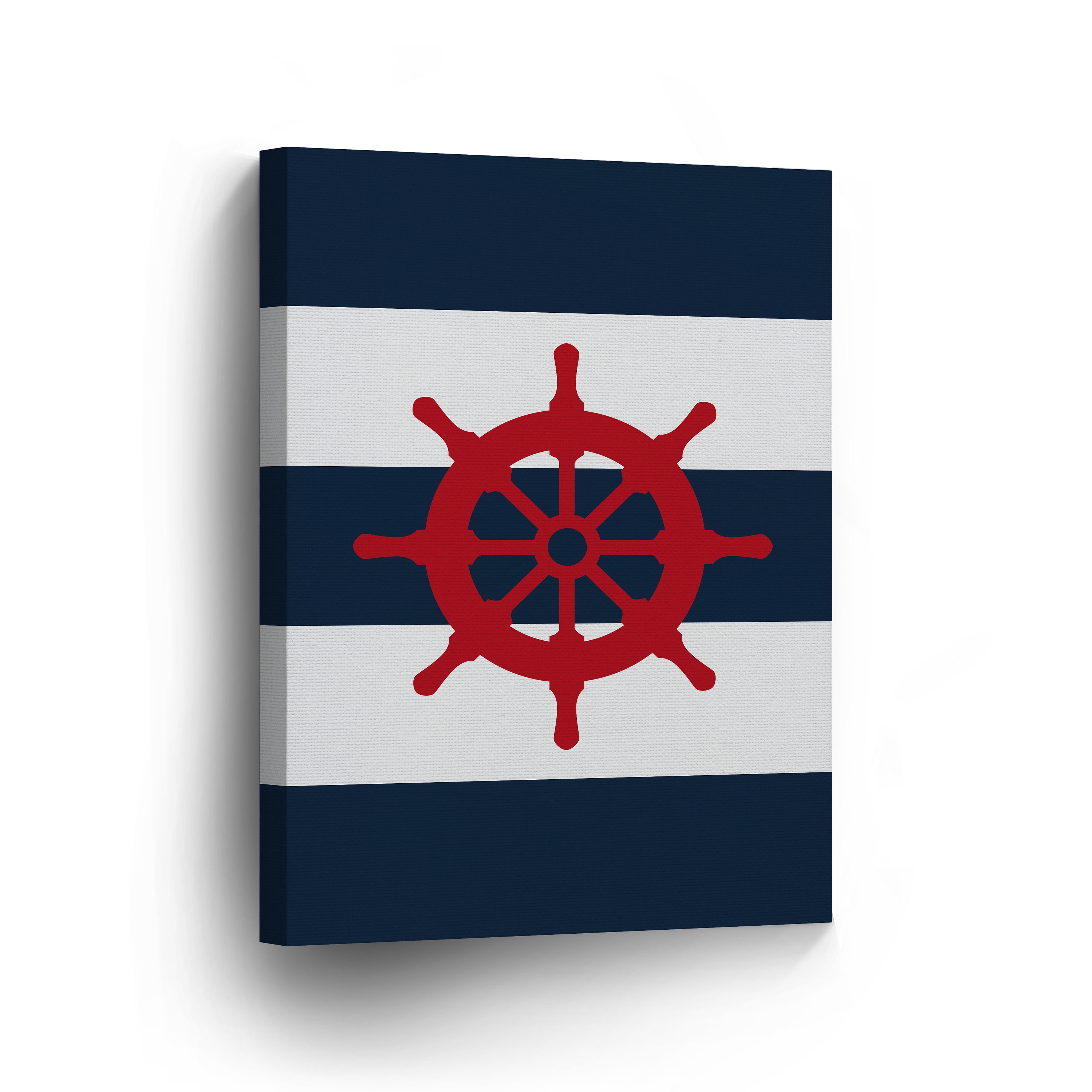 Ship Wheel Red Illustration Navy Blue and White Striped Nautical Decor ...