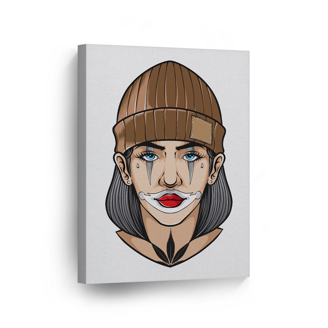 Marijuana Leaf Tattooed Woman in Clown Makeup Smoke Weed Canvas Wall ...