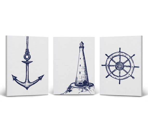Anchor Lighthouse Ship Wheel Navy Blue White Nautical Decor 3 | Etsy