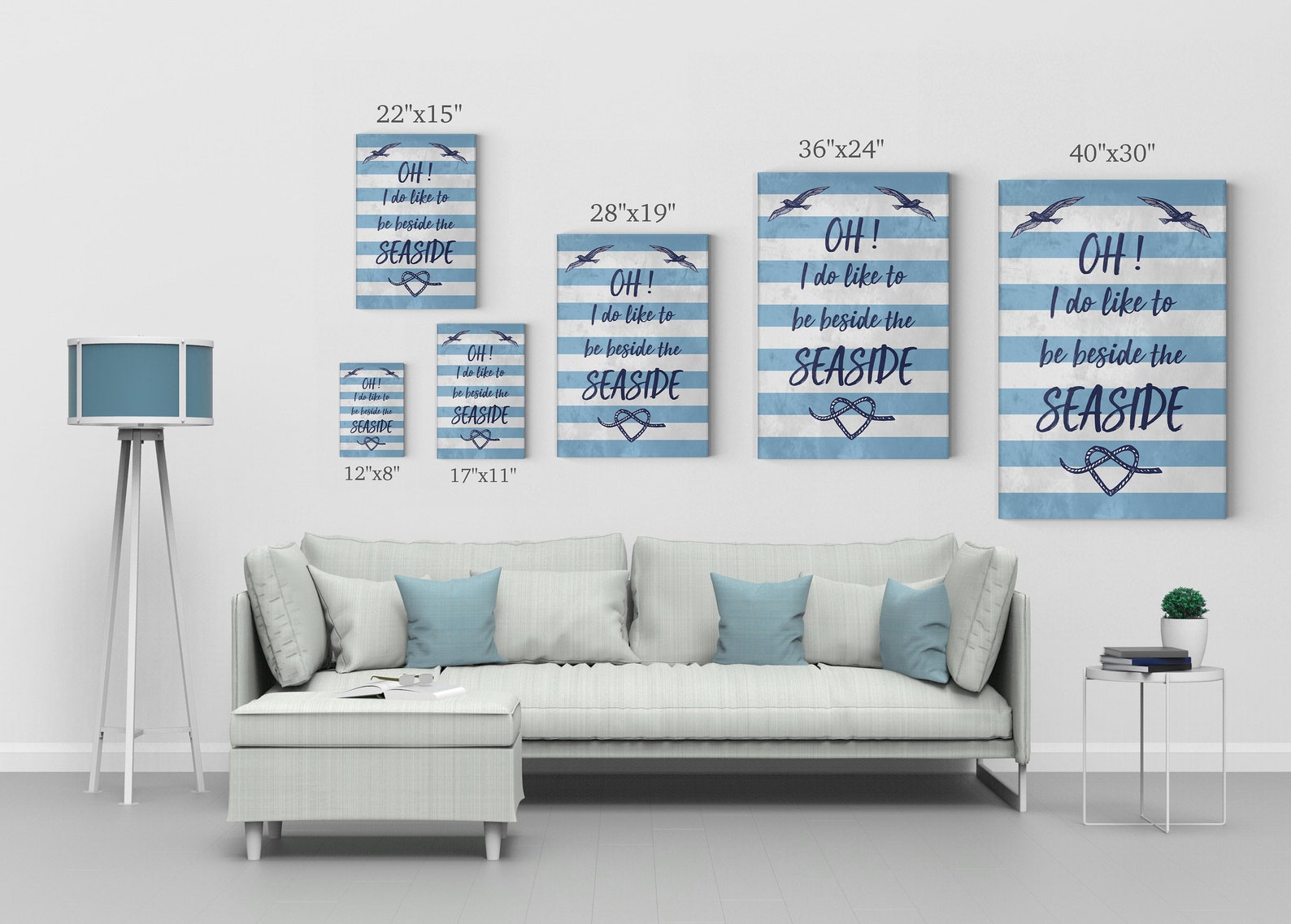Lovely Quote and Seagulls Navy Blue Calligraphy Blue and White Striped ...