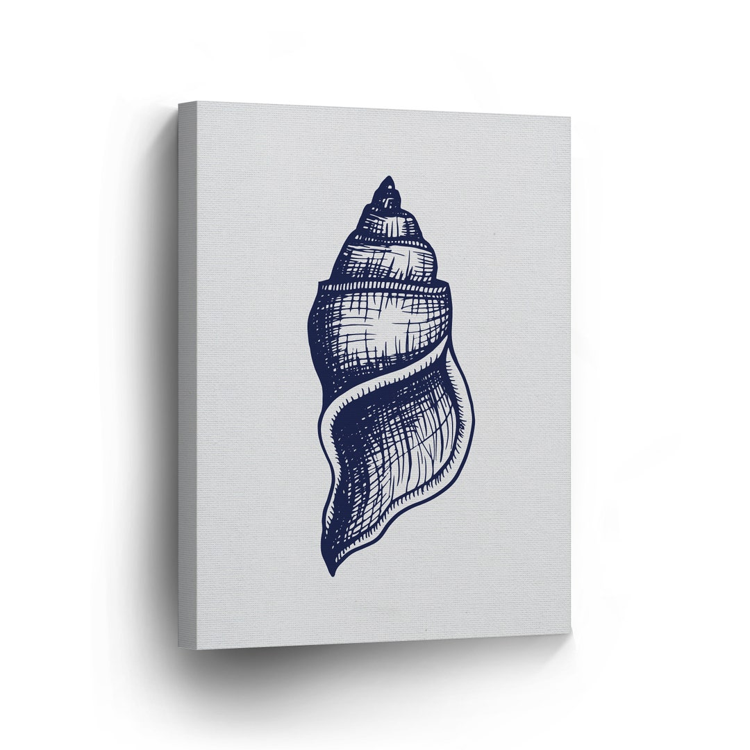 Trumpet Shell Painting Navy Blue Illustration White Nautical Decor ...