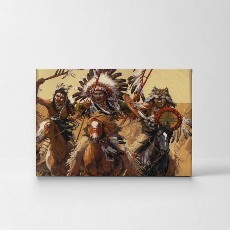 Indian Art Three Native American Fighters Scream for the War CANVAS ...