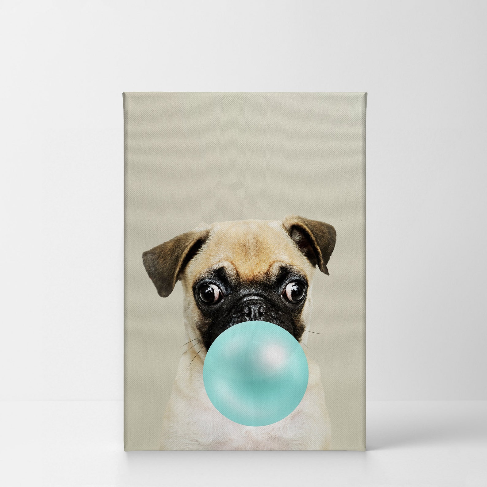 Puppy Pug Dog Animal Bubble Gum Art Teal Blue Canvas Wall Art Print ...