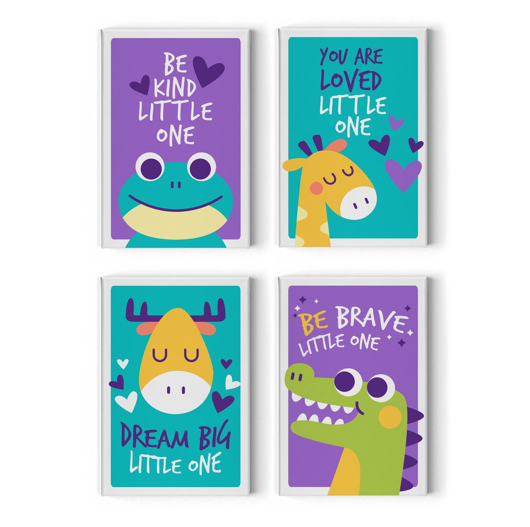 Cute Animal Motivational Quote Wall Decor 4 Panel Canvas Print Set Kids ...