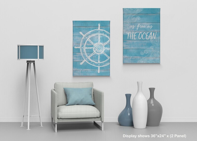 Ship Wheel and Ocean Quote White Blue Wooden Nautical Decor 2 Pieces ...