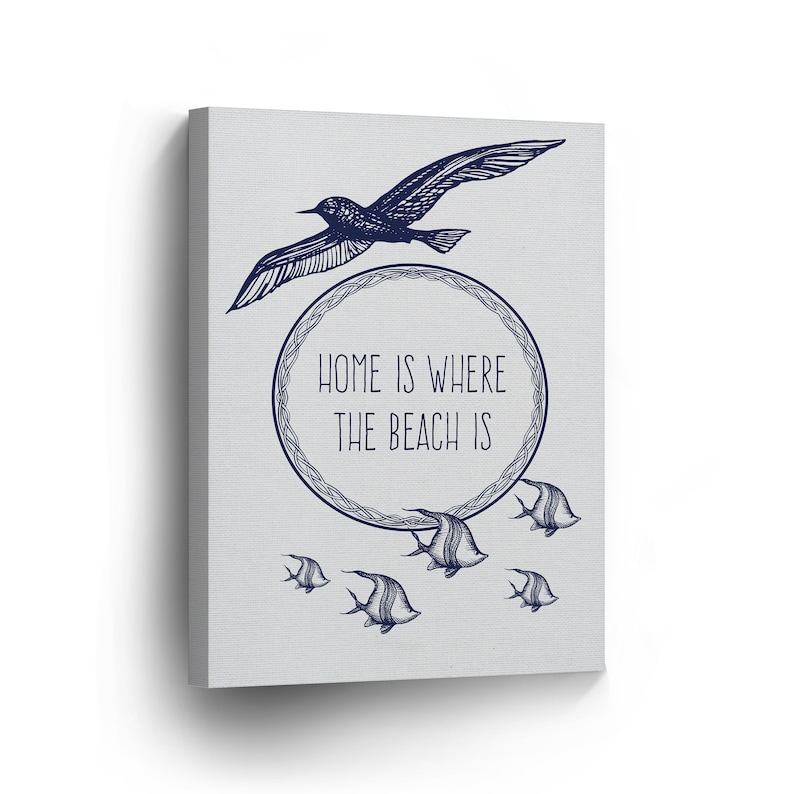 Beach Quote Seagull and Fish Painting Navy Blue White Nautical Decor ...