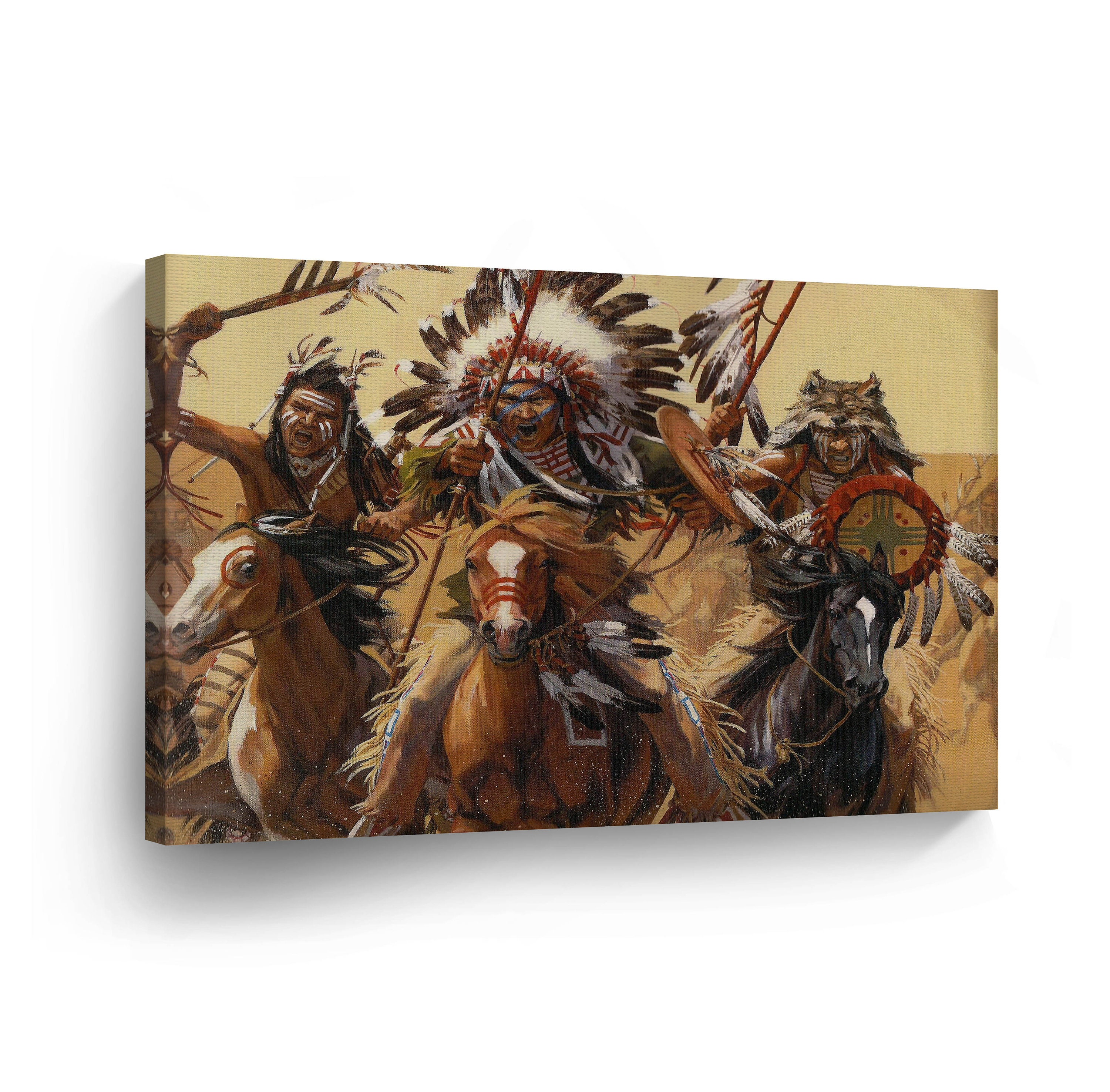 Indian Art Three Native American Fighters Scream for the War CANVAS ...