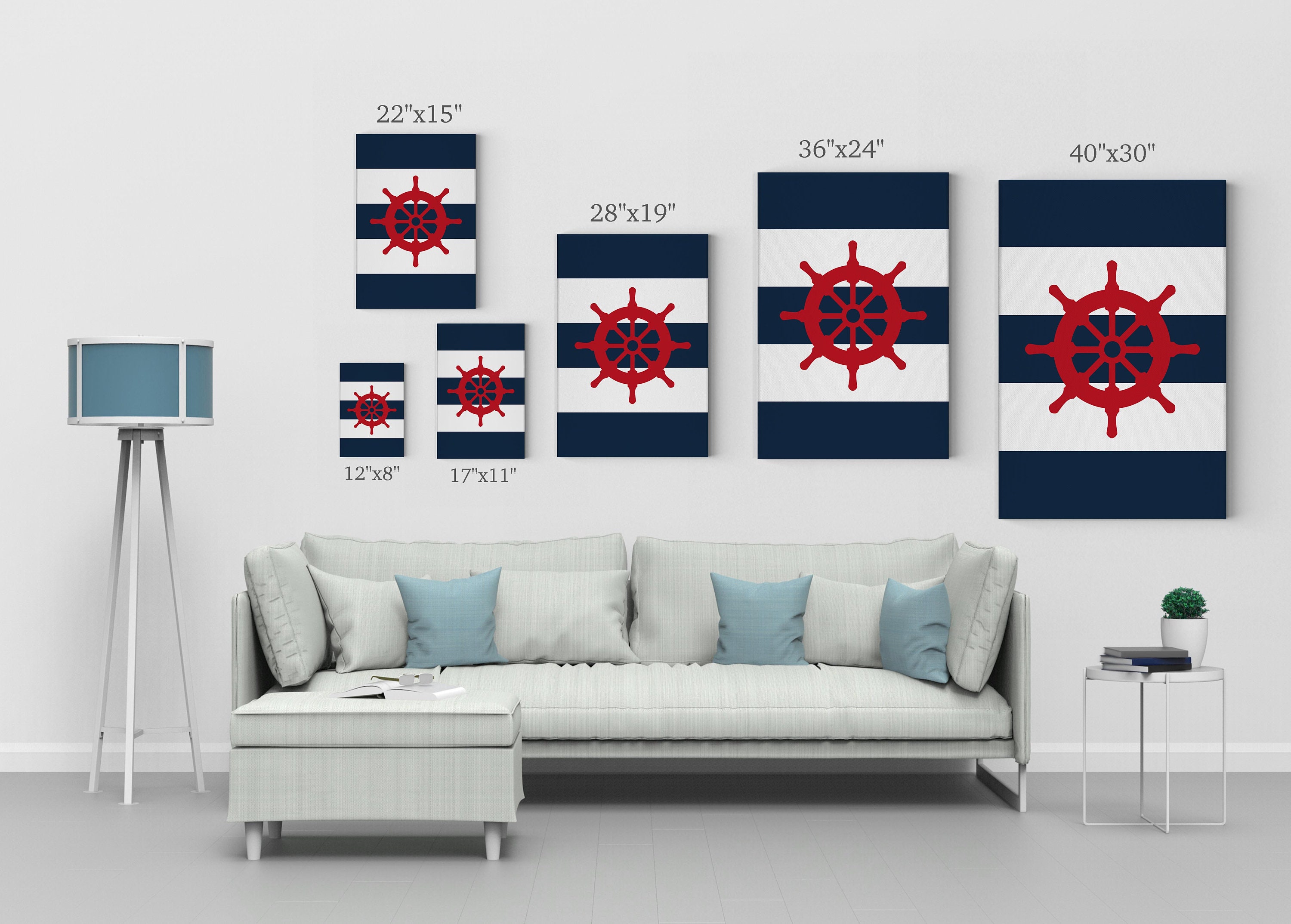 Ship Wheel Red Illustration Navy Blue and White Striped | Etsy